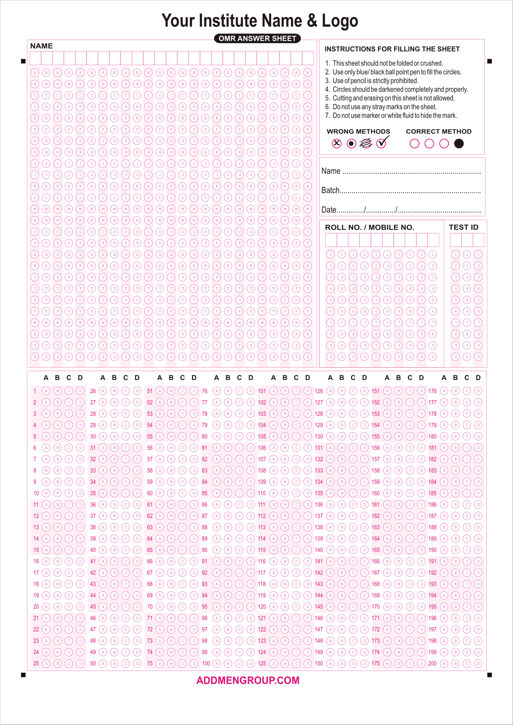 OMR Test Sheet MCQ OMR Sheet OMR Sheet Download